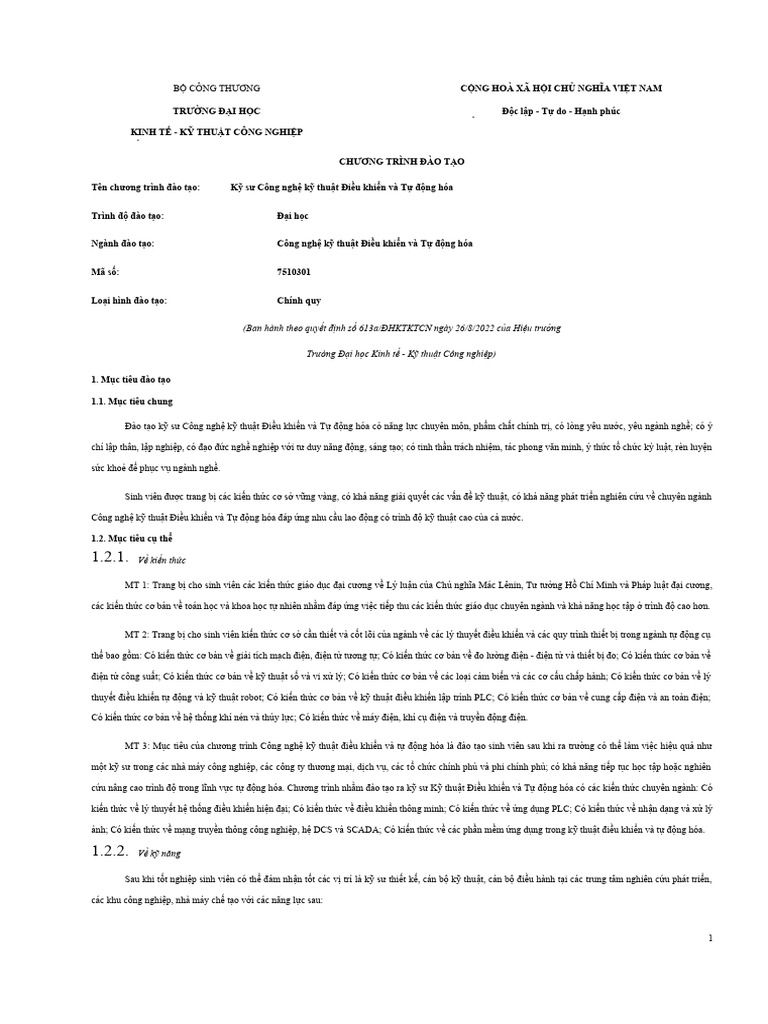 PL1 - Chuong Trinh Dao Tao Nganh CNKT Dieu Khien Tu Dong Hoa Dang Web | PDF