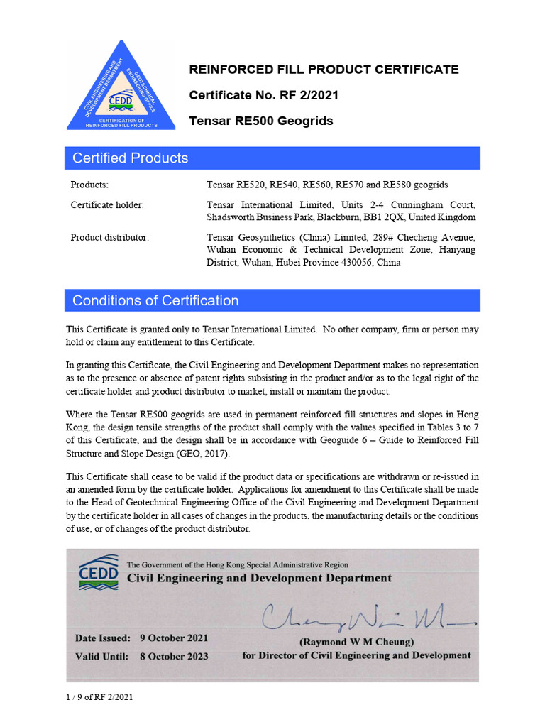 Geo Certificate rf2-2021 Tensar Re500 | PDF | Polyethylene | Physical ...
