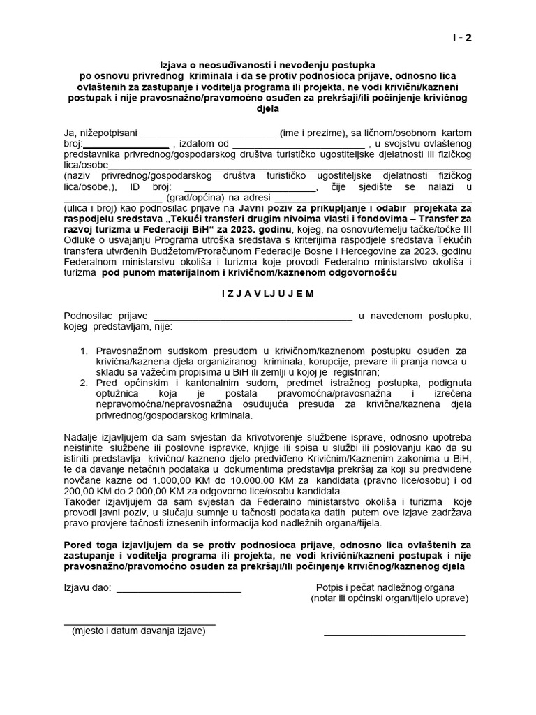 02 Izjava o Neosudjivanosti I Nevodjenju Postupka (I-2) | PDF