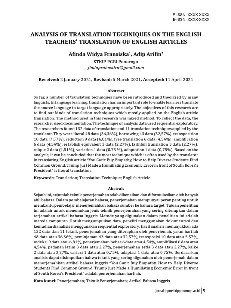 Analysis of Translation Techniques On The English Teachers Translation of English Articles | PDF ...
