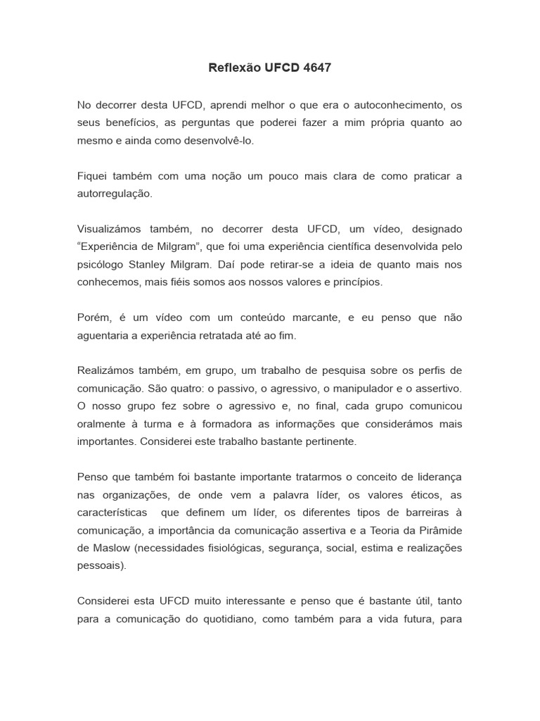 Reflexão sobre UFCD 4647: Autoconhecimento | PDF