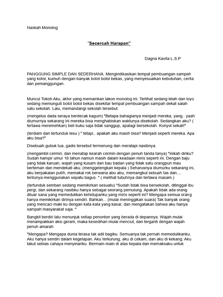 Naskah Monolog Secercah Harapan | PDF