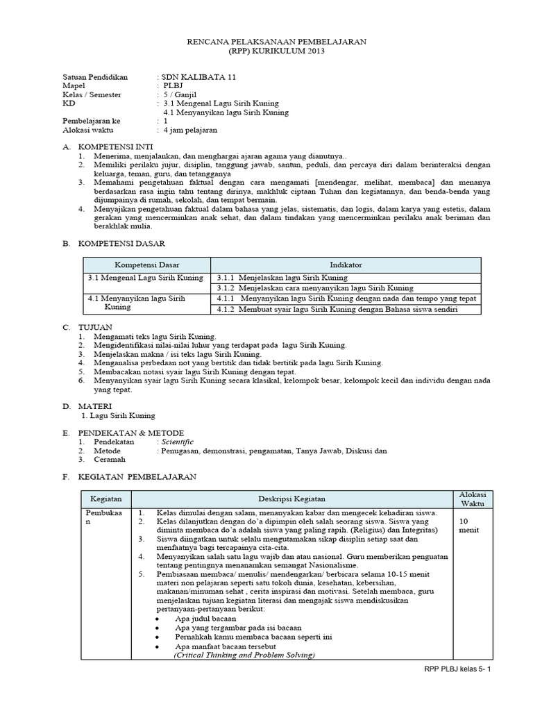 RPP PLBJ Kelas 5 SMS 1 & 2 | PDF