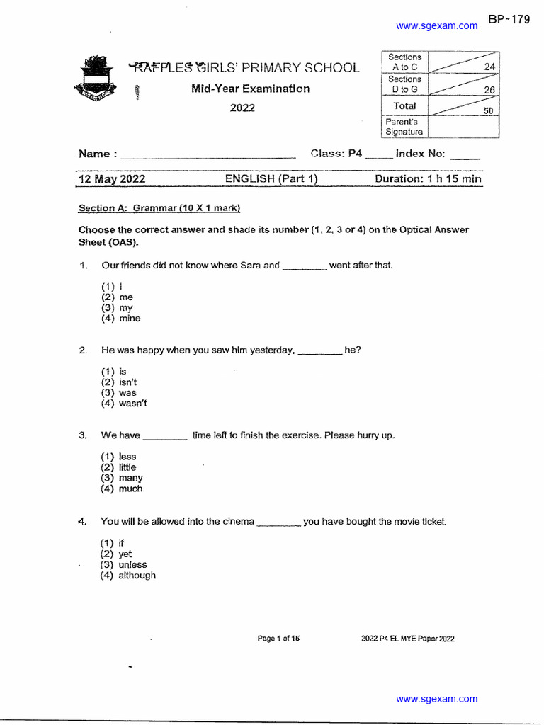2022 P4 English Semestral Assessment 1 Raffles Girls (Dragged) | PDF