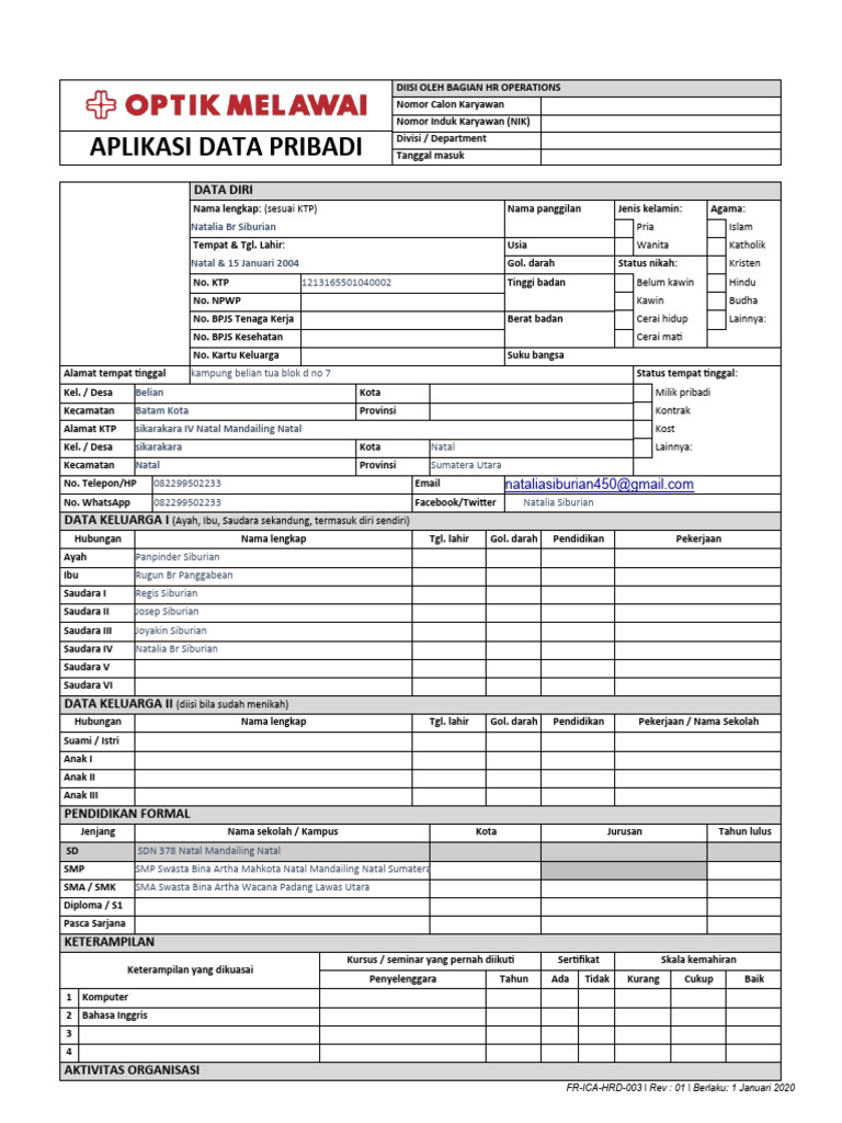 FR-ICA-HRD-003 - Form Aplikasi Data Pribadi Revisi | PDF