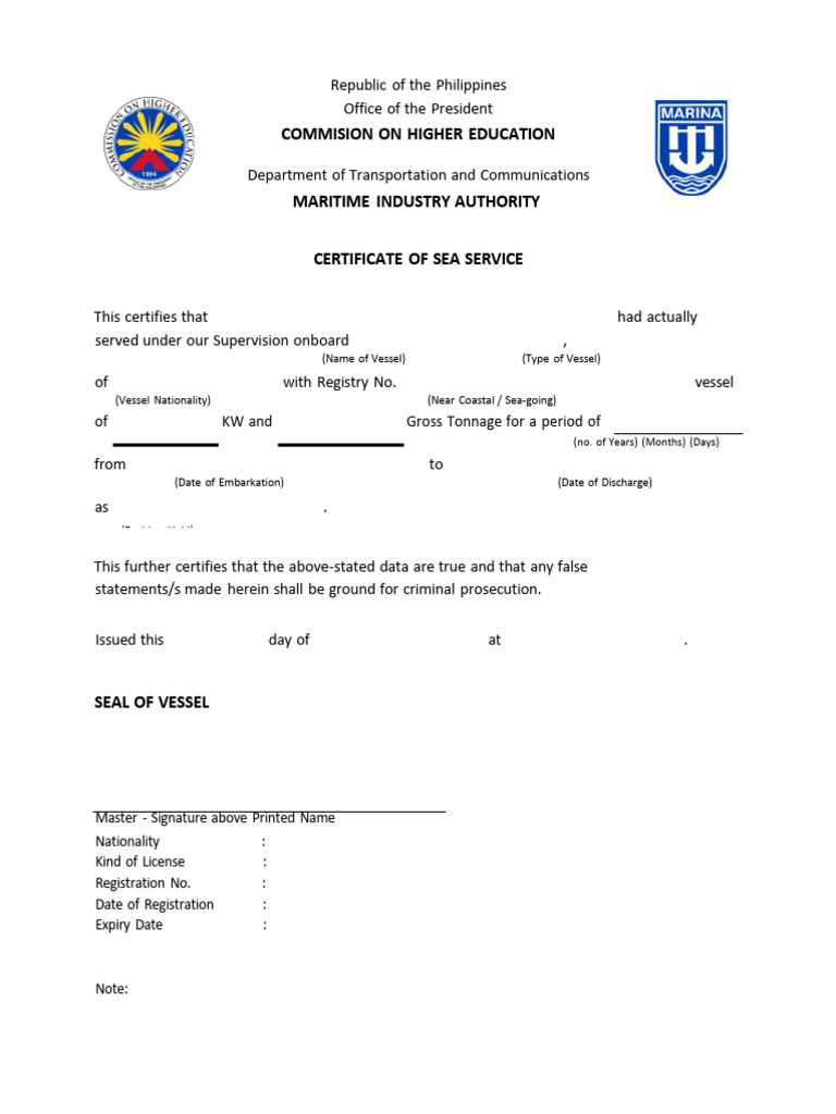 Marina Certificate of Sea Service | PDF
