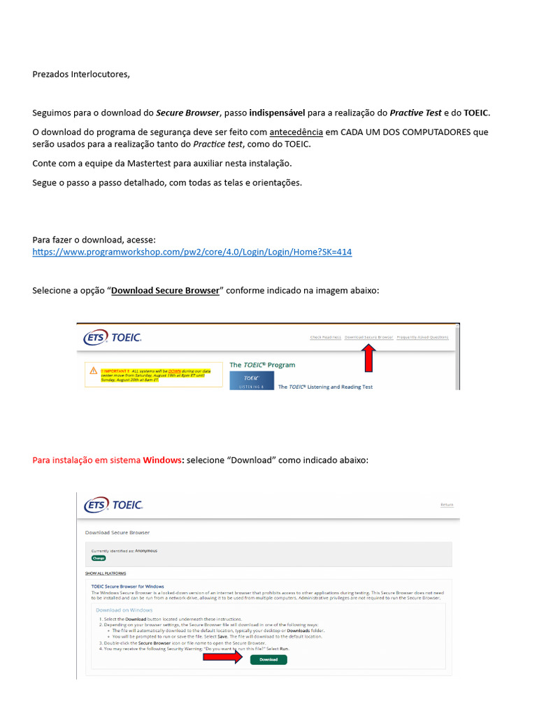 Guia de Download do Secure Browser para TOEIC | PDF
