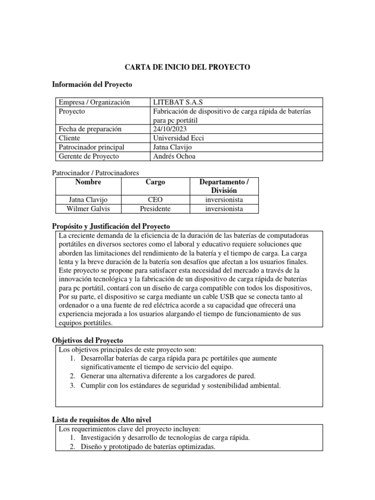 Carta Inicio de Proyecto | PDF | Ordenador portátil | Diseño