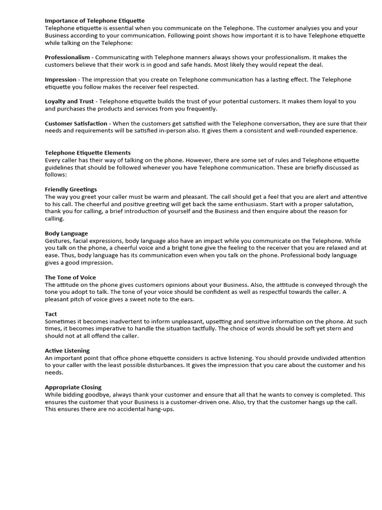Importance of Telephone Etiquette | PDF | Body Language | Telephone