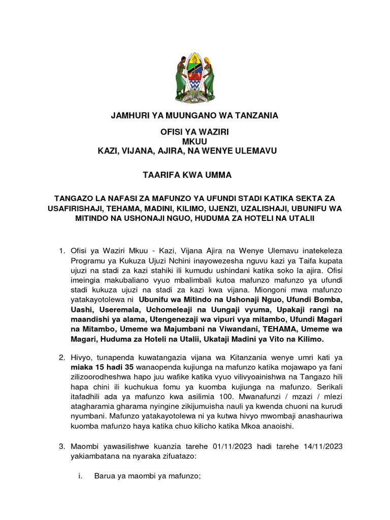 Tangazo La Vijana Kuomba Mafunzo Ya Uanagenzi Awamu Ya Sita 2023-24 | PDF