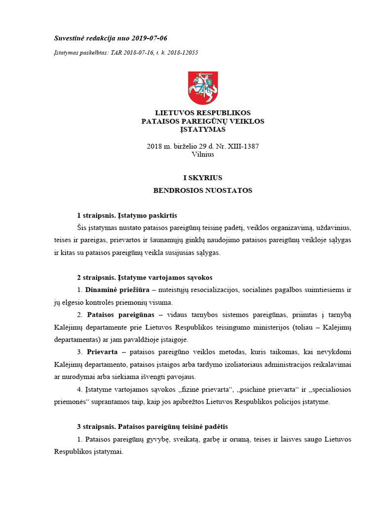 Pataisos Pareigunu Veiklos Istatymas | PDF
