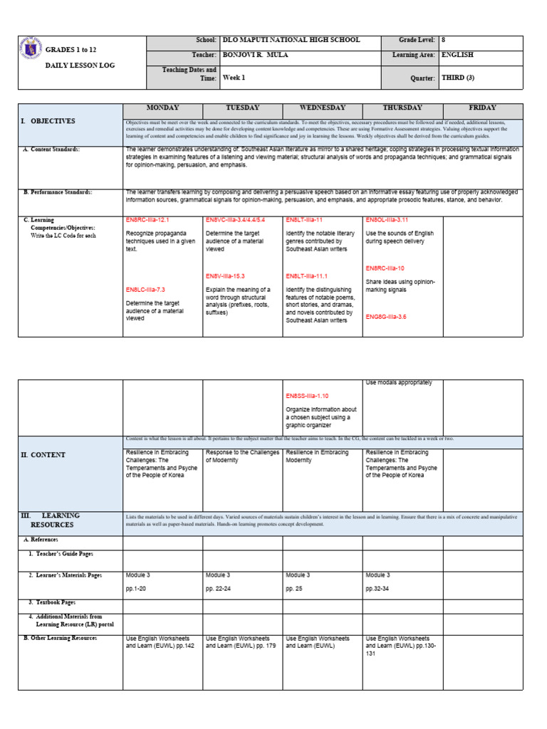 DLL ENG8 3RDQ Week1 | PDF | Learning | Experience DLL ENG8 3RDQ Week1 | PDF | Learning | Experience