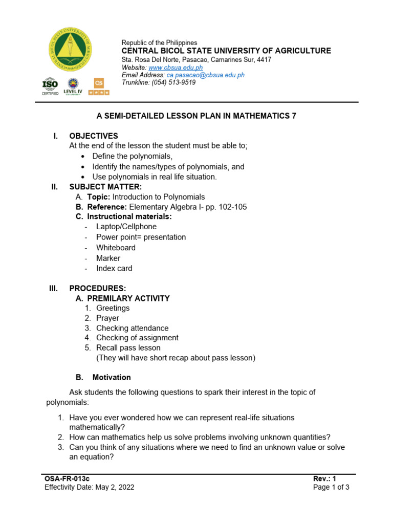 Semi-Detailed LP - Polynomials | PDF | Polynomial | Variable (Mathematics)