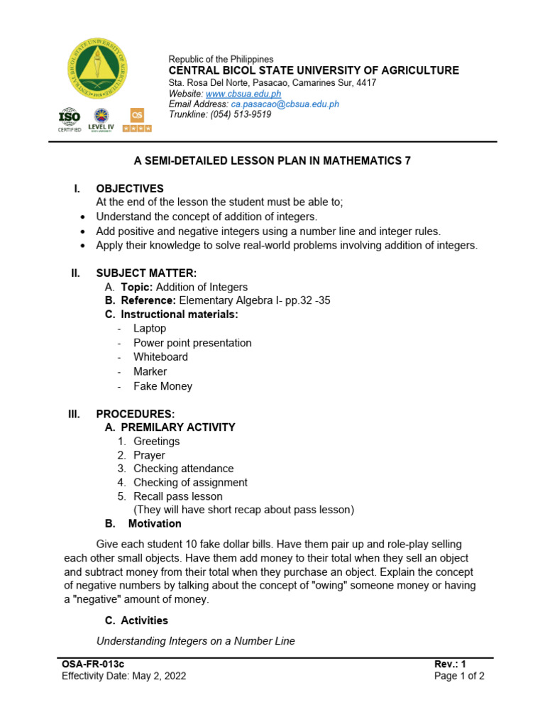 Lesson Plan: Adding Integers in Math 7 | PDF | Numbers | Integer