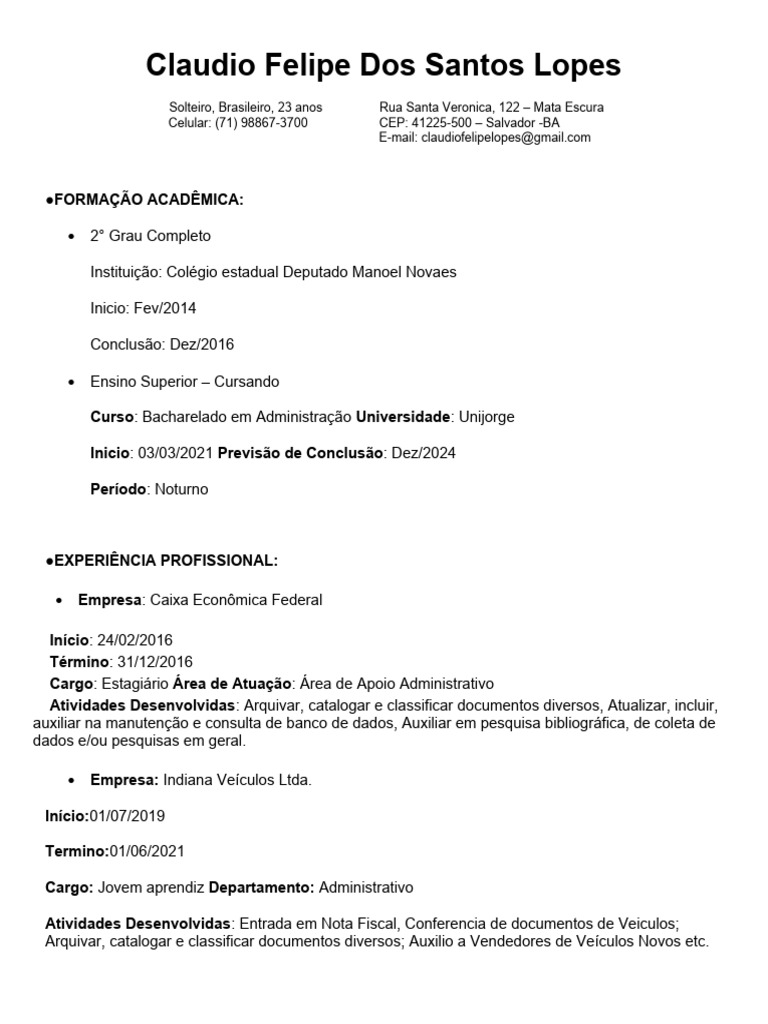 Currículo de Claudio Felipe Lopes | PDF | Microsoft Excel