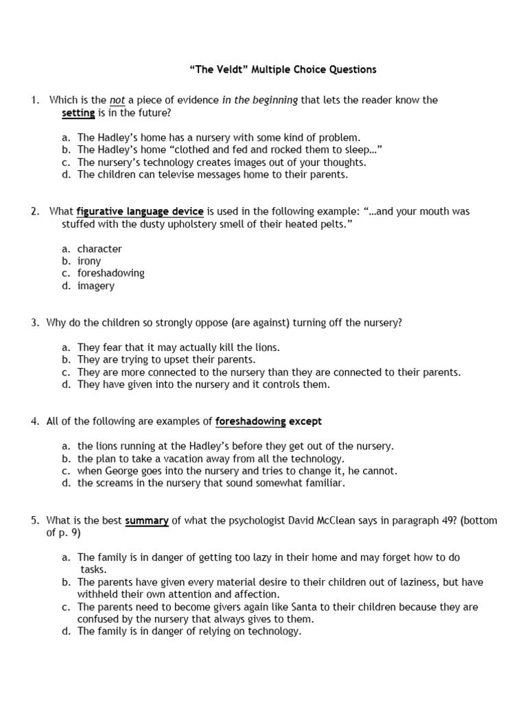 Block 9 The Veldt Multiple Choice Questions | PDF