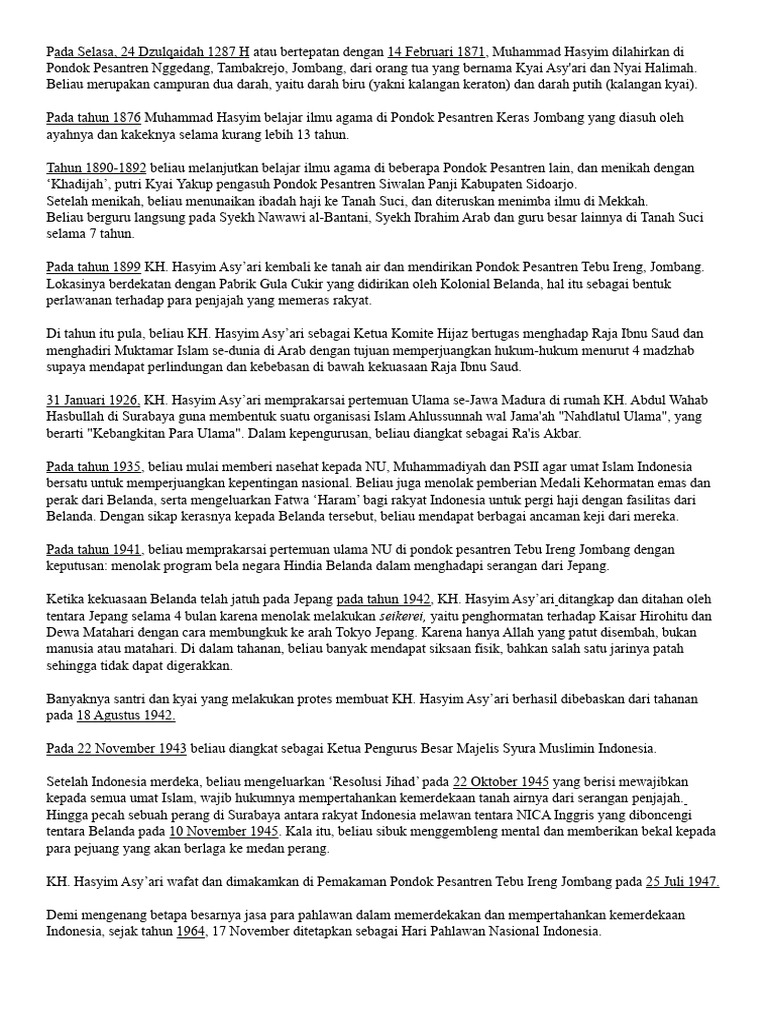 Biografi Hadratussyekh KH - Hasyim Asy'ari | PDF