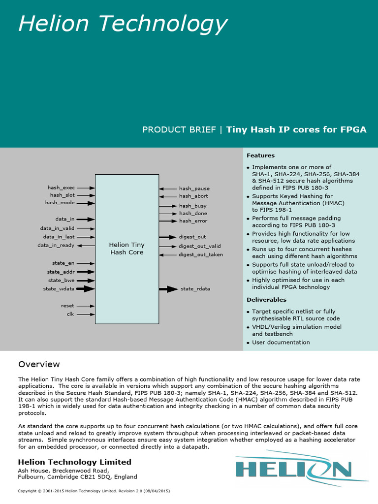 Helion Technology IP Core For FPGA SHA | PDF | Computing | Computer Engineering