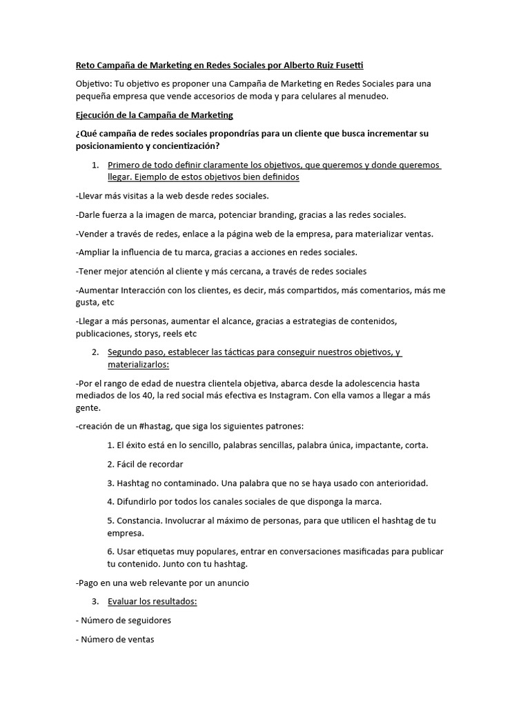 Reto Campaña de Marketing en Redes Sociales Por Alberto Ruiz Fusetti ...