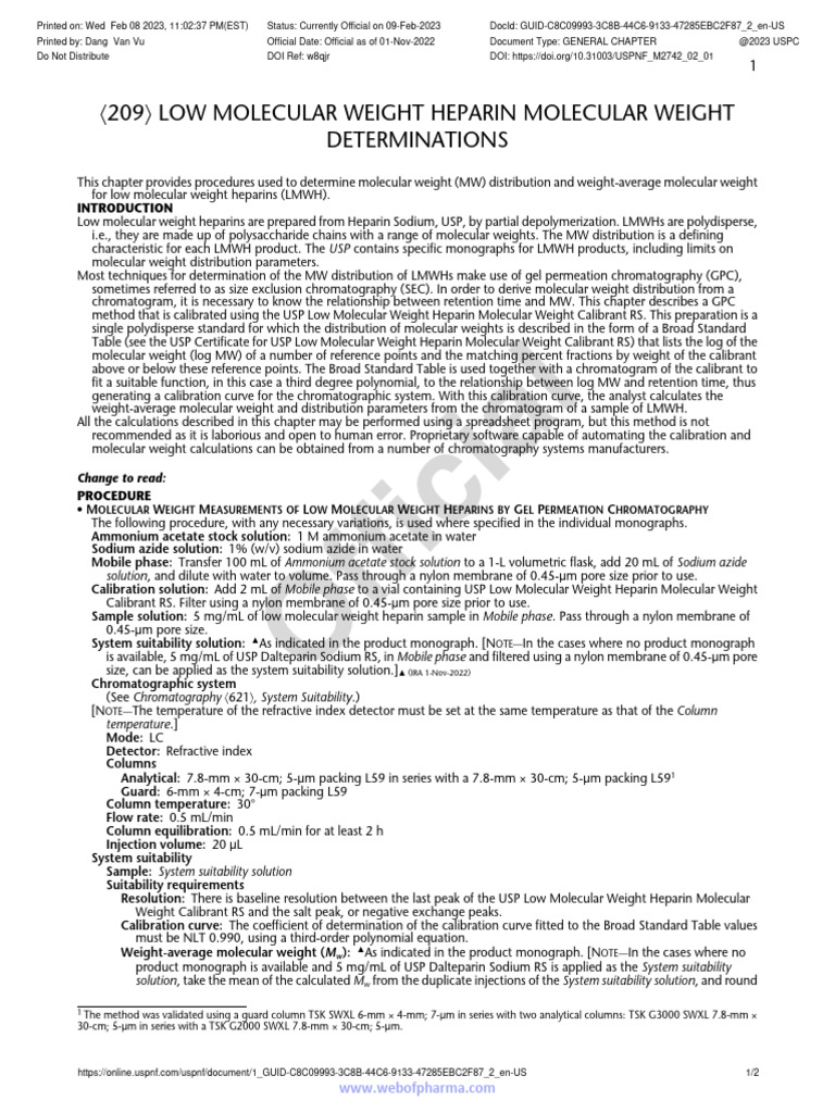 〈209〉 Low Molecular Weight Heparin Molecular Weight Determinations ...