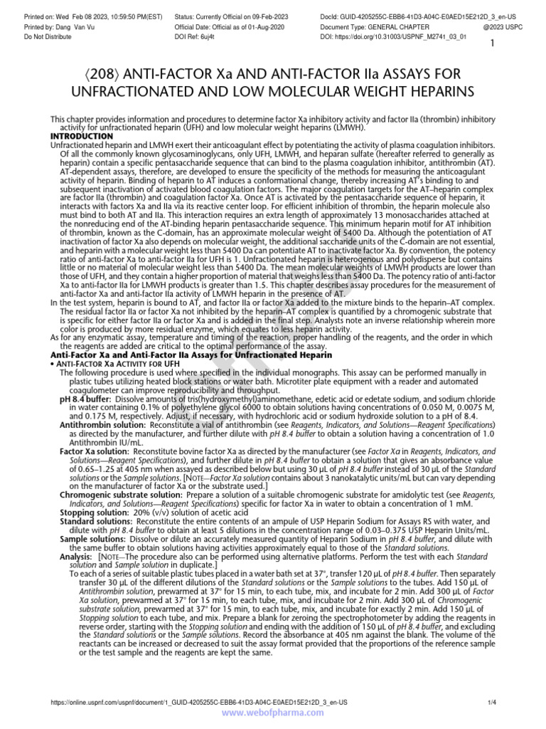 〈208〉 Anti-Factor Xa and Anti-Factor IIa Assays for Unfractionated and ...