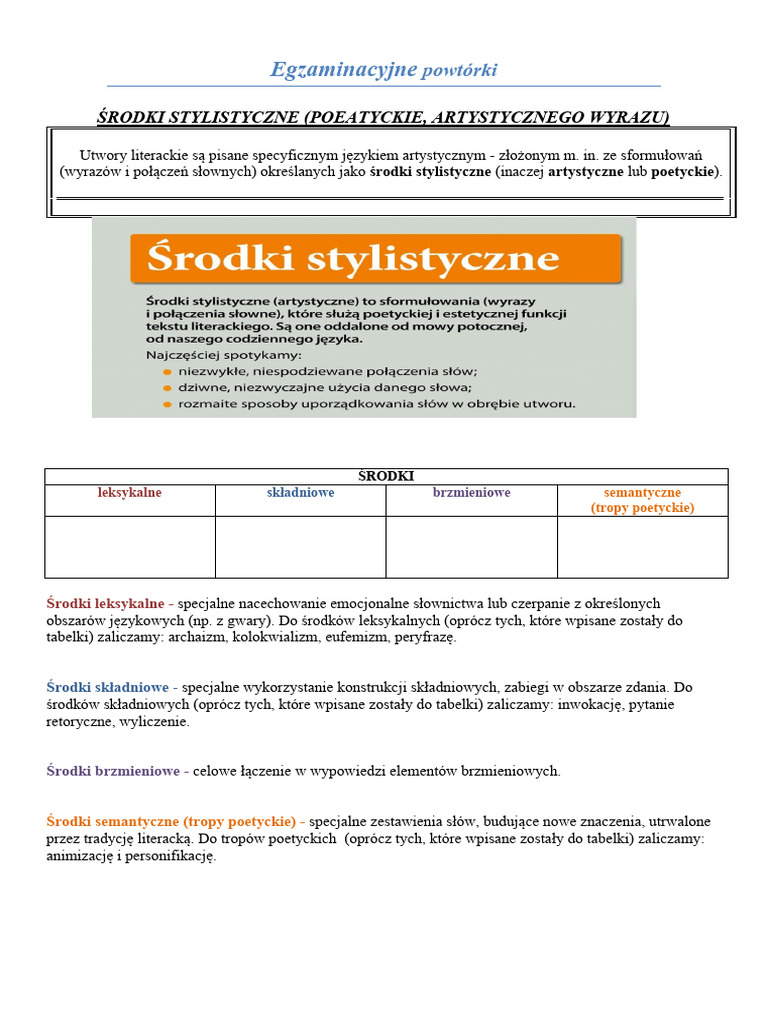 Egzaminacyjne Powtorki Srodki Stylistyczne | PDF