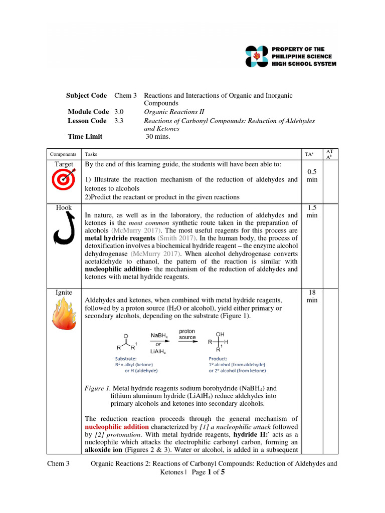 SLG Chem3 LG 3.3 Reactions of Carbonyl Compounds (Reduction of Aldehydes and Ketones) | PDF ...