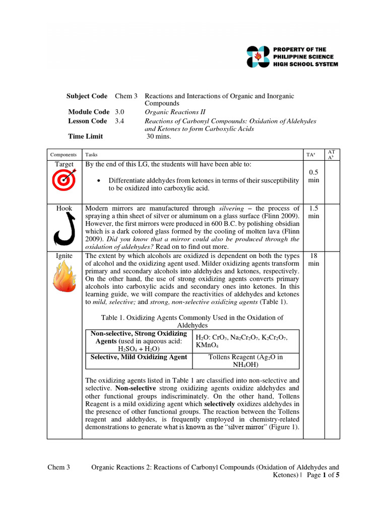 SLG Chem3 LG 3.4 Reactions of Carbonyl Compounds (Oxidation of Aldehydes and Ketones To Form ...