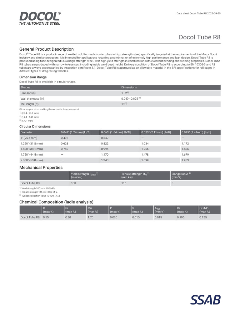 Data Sheet Docol Tube R8 2022-09-20 | PDF | Pipe (Fluid Conveyance ...