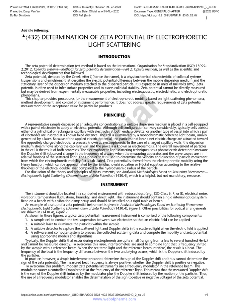 〈432〉 Determination of Zeta Potential by Electrophoretic Light Scattering | PDF