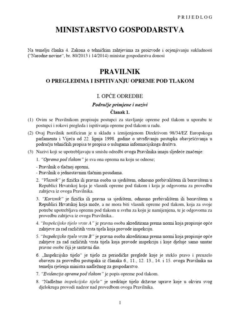 Prijedlog Pravilnika o Pregledima I Ispitivanju Opreme Pod Tlakom ...