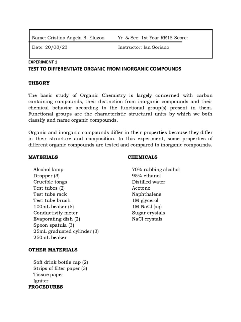 Distinguishing Organic and Inorganic Compounds | PDF | Solubility ...