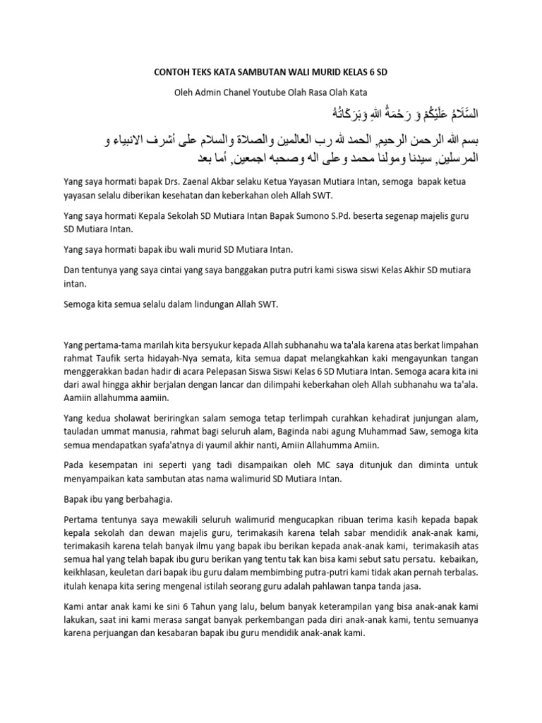 13.b. CONTOH TEKS KATA SAMBUTAN WALI MURID KELAS 6 SD fix | PDF