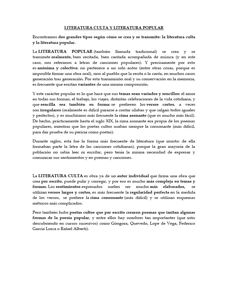 Literatura Culta y Literatura Popular | PDF