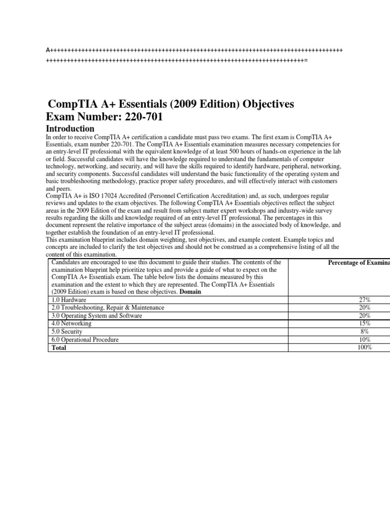 Comptia A+ Essentials (2009 Edition) Objectives Exam Number: 220-701 ...