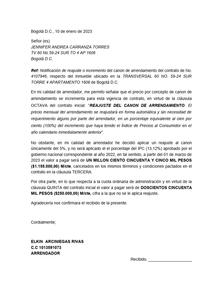 Modelo Carta - Notificacion - Incremento - Canon | PDF Modelo Carta - Notificacion - Incremento - Canon | PDF
