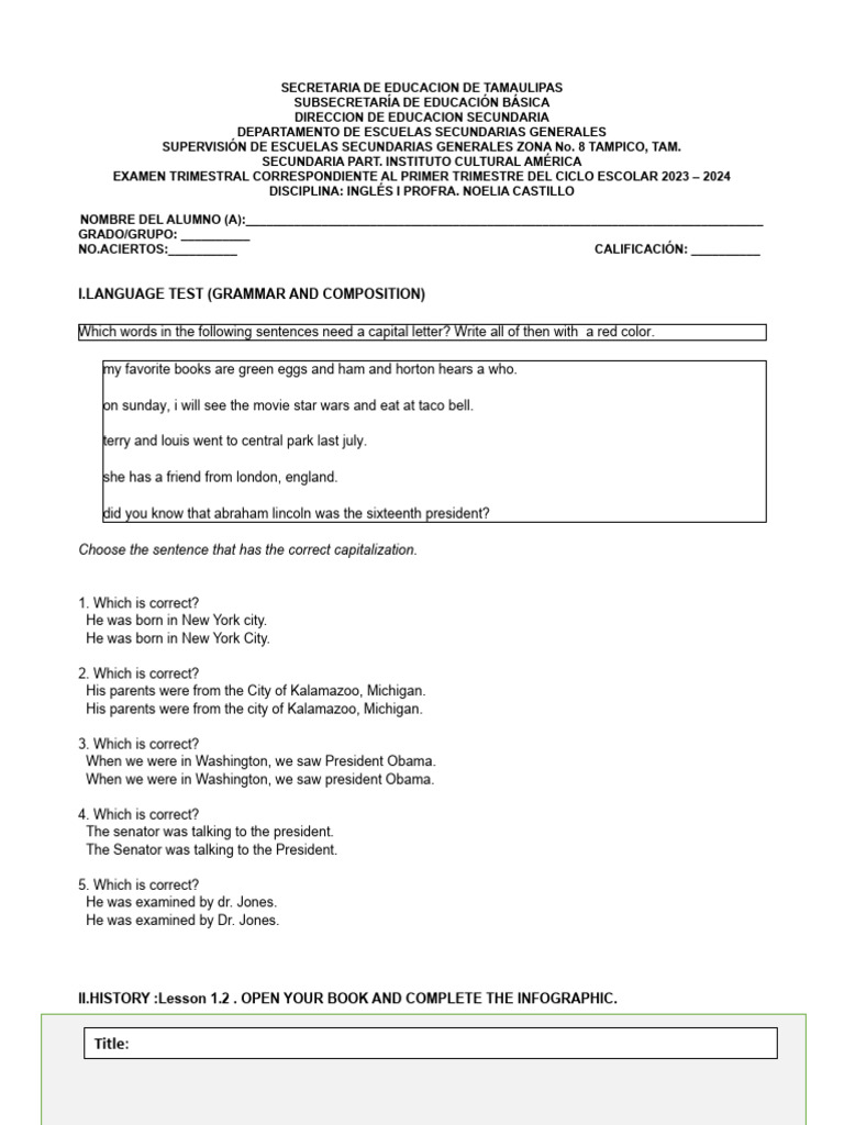 1ST Grade Exam | PDF