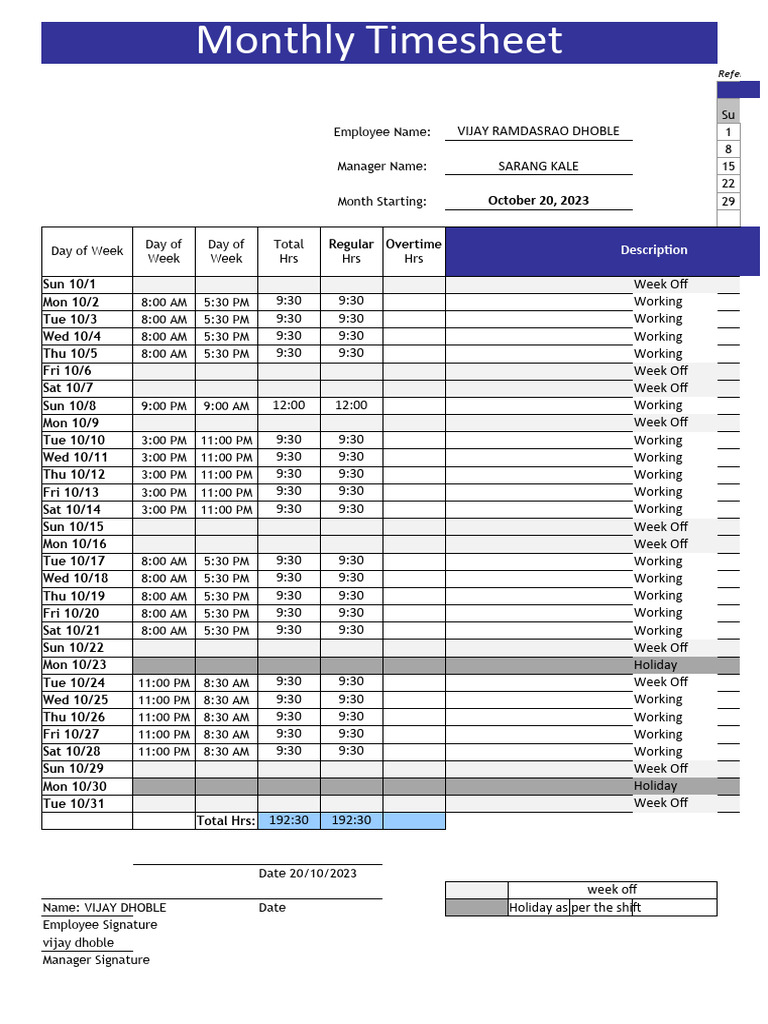 October 2023 Employee Timesheet | PDF