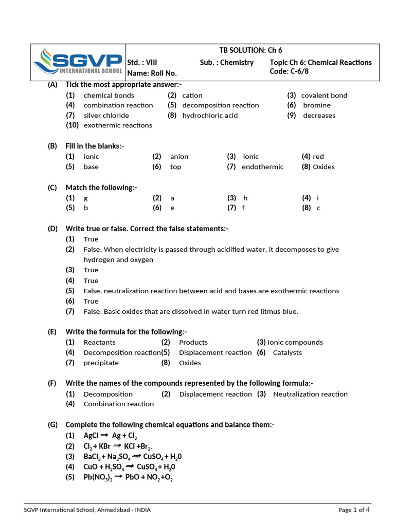 8 - Chem - TB Sol - CH 6 Chemical Reactions | PDF | Chemical Reactions ...