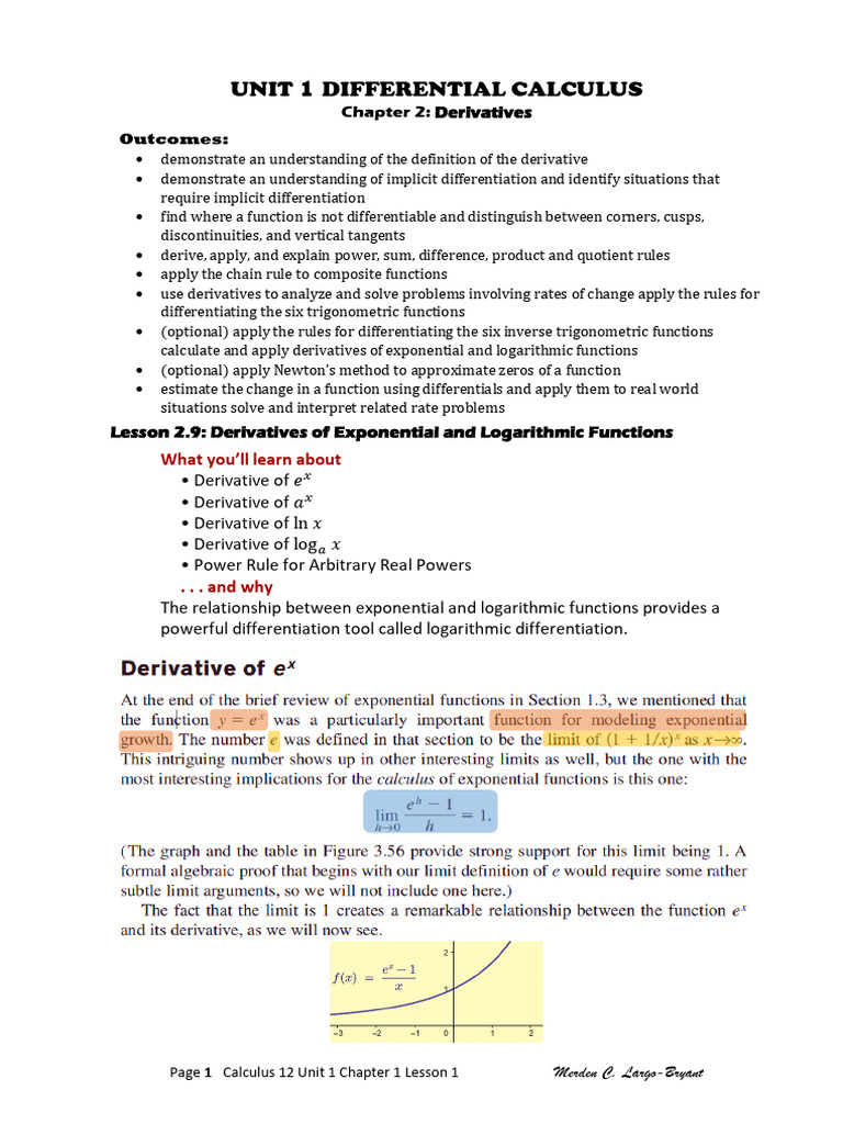 Chapter 2 Lesson 9 Derivatives of Exponential and Logarithmic Functions ... Chapter 2 Lesson 9 Derivatives of Exponential and Logarithmic Functions ...