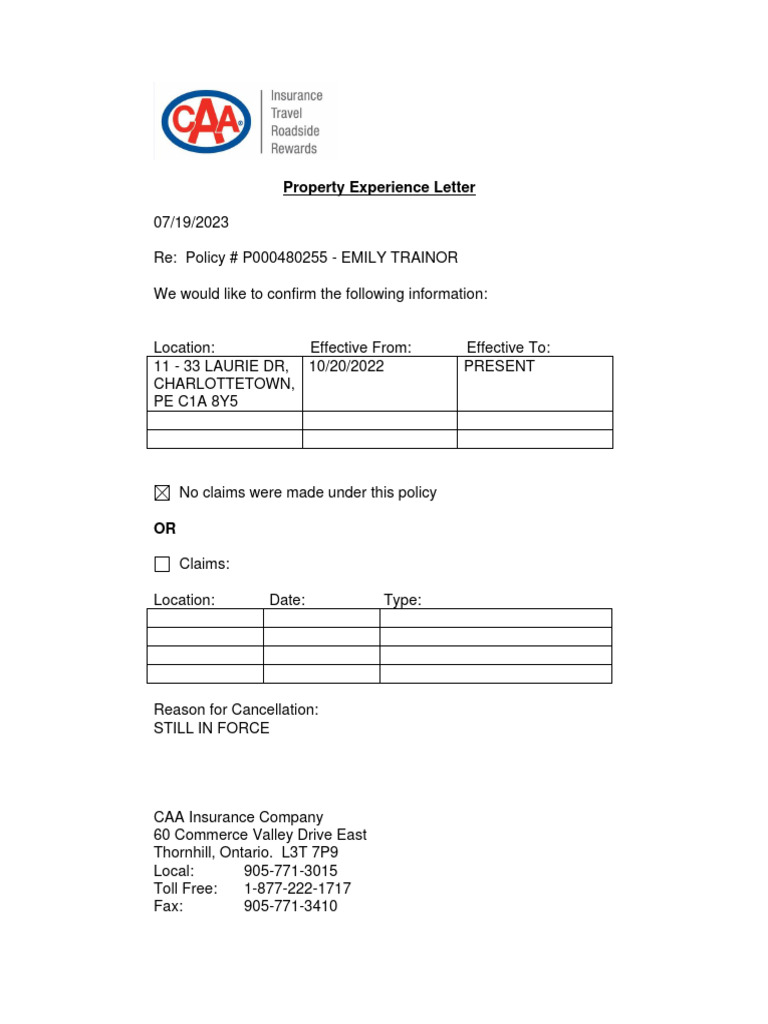 Property Insurance Experience Confirmation | PDF
