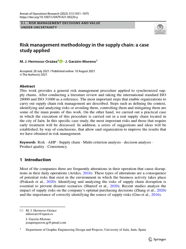Risk Management Methodology in The Supply Chain: A Case Study Applied | PDF
