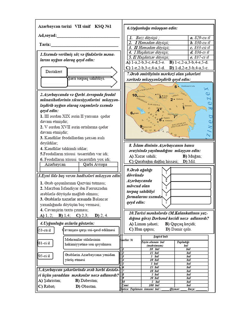 Azərbaycan Tarixi VII Sinif KSQ 1 | PDF