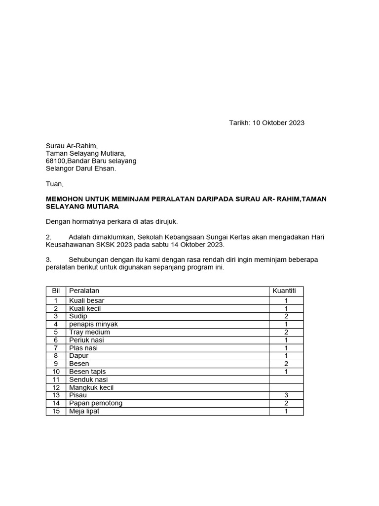 Surat Pinjam Barang Surau | PDF