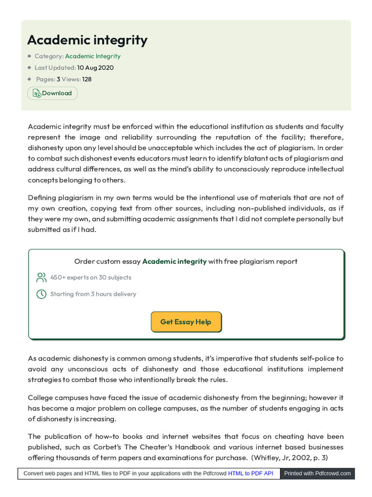 Phdessay Com Academic Integrity | PDF | Plagiarism | Academic Integrity