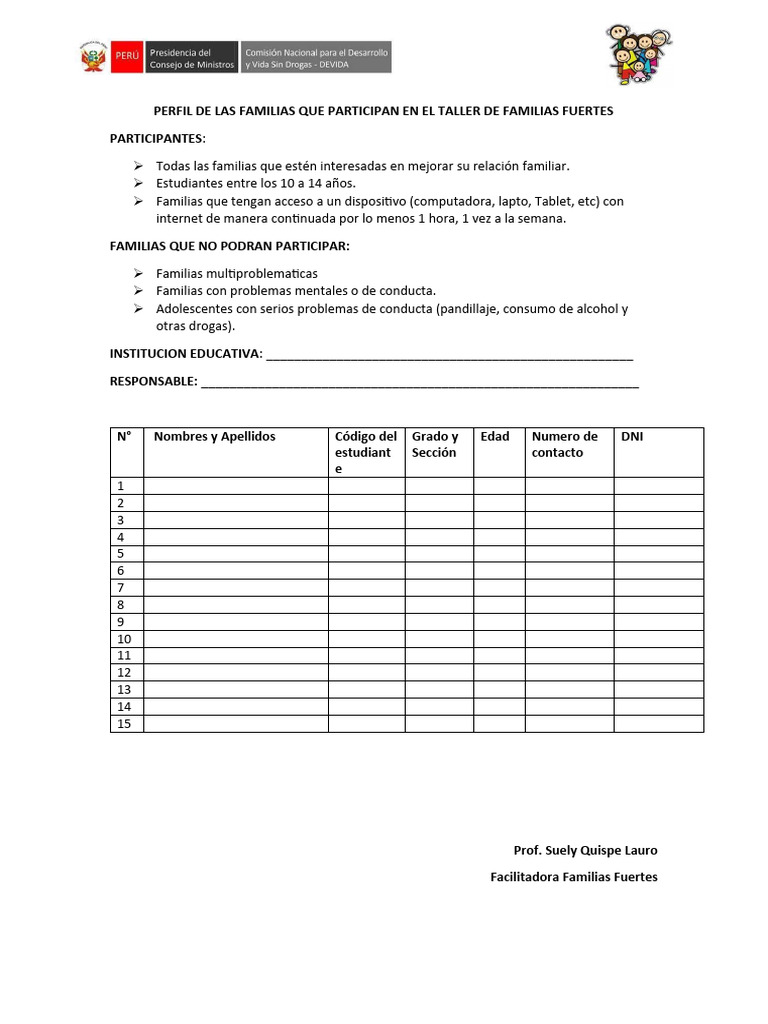 Perfil de Las Familias Que Participan en El Taller de Familias Fuertes ... Perfil de Las Familias Que Participan en El Taller de Familias Fuertes ...