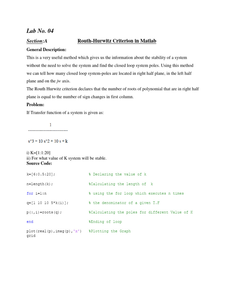 Lab No. 4-System Stabilty Using Routh Table, Root Locus | PDF | Systems Engineering | Electrical ...