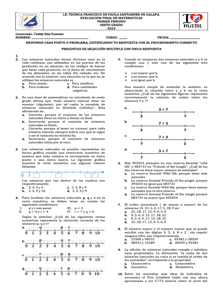 Ev. Final P1 Math. 6° | PDF | Número natural | Matemáticas