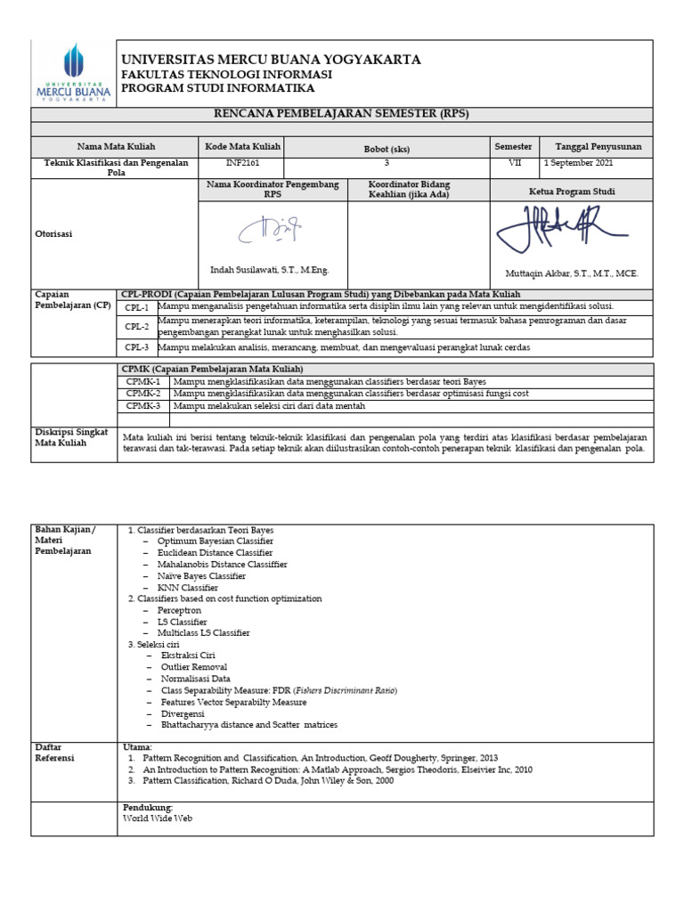RPS Teknik Klasifikasi Dan Pengenalan Pola - 2021 | PDF