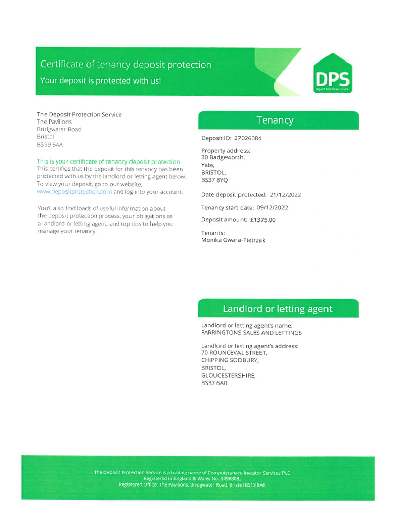 30 Badgeworth Tenancy Documents DPS | PDF